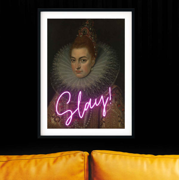 Slay purple neon art, vintage oil painting funky prints