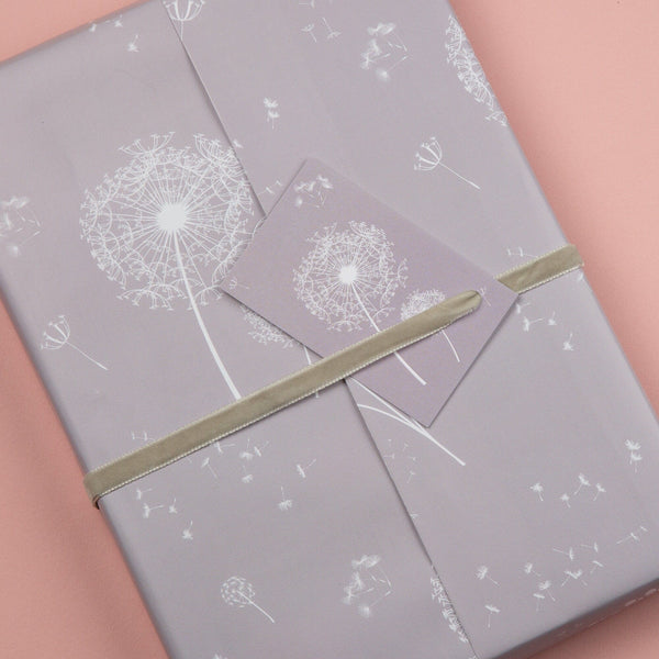 Dandelion Seeds Grey Wrapping Paper, botanical wrapping paper sheets